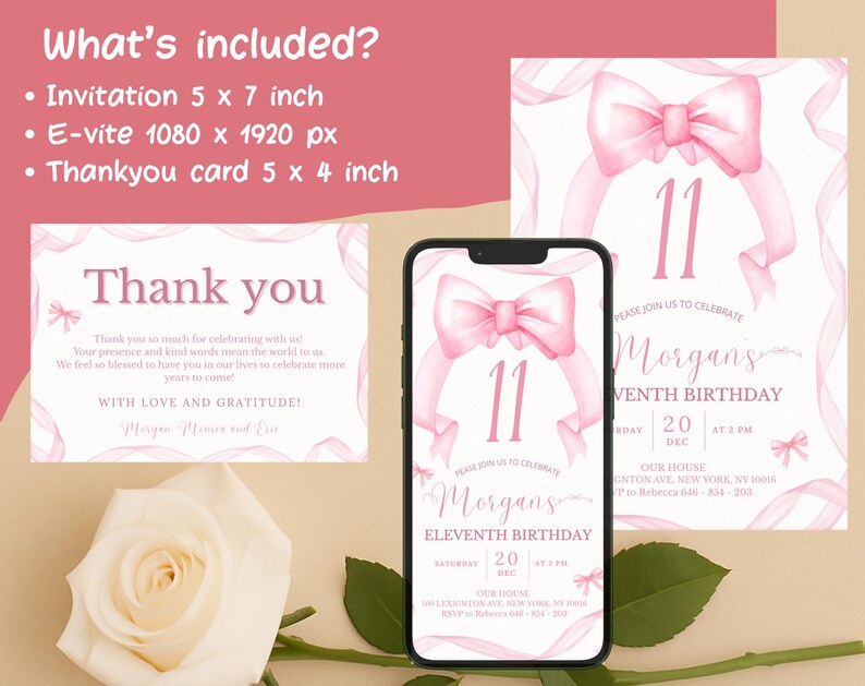 Editable Pink Bow Birthday Invitation Template | Elegant Ribbon Party ...