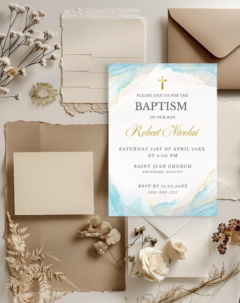 Baptism Invitation Blue Gold, Digital Template Editable in Canva for ...