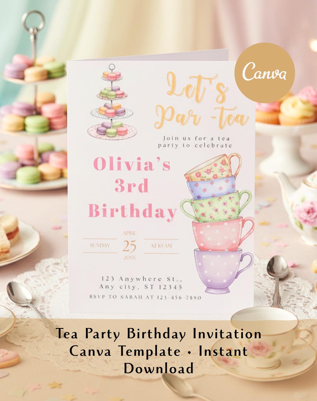 Tea Party Birthday Invitation, Pastel Teacups (editable Canva Template ...