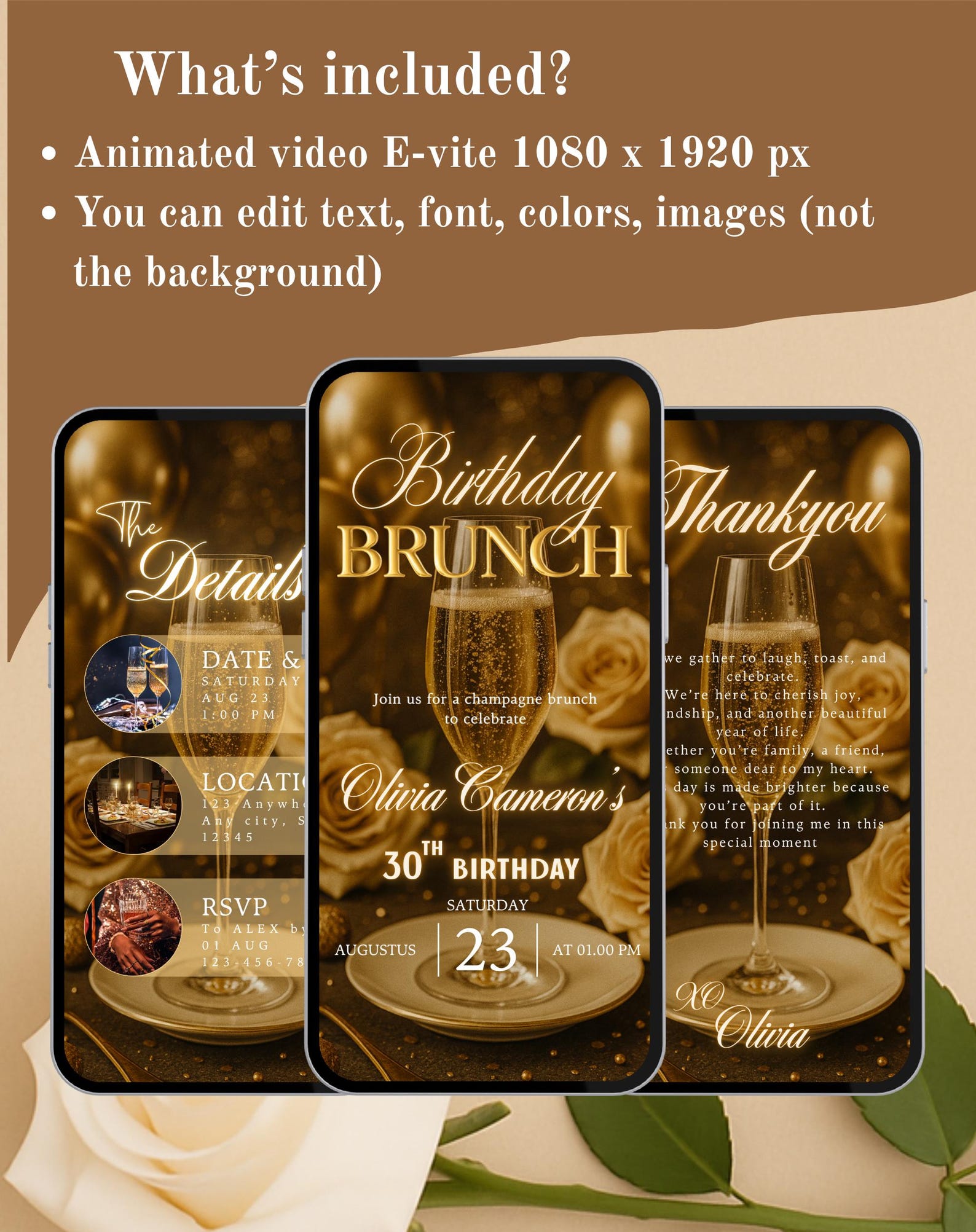 Gold Animated Birthday Brunch Invitation Video Template Editable in ...