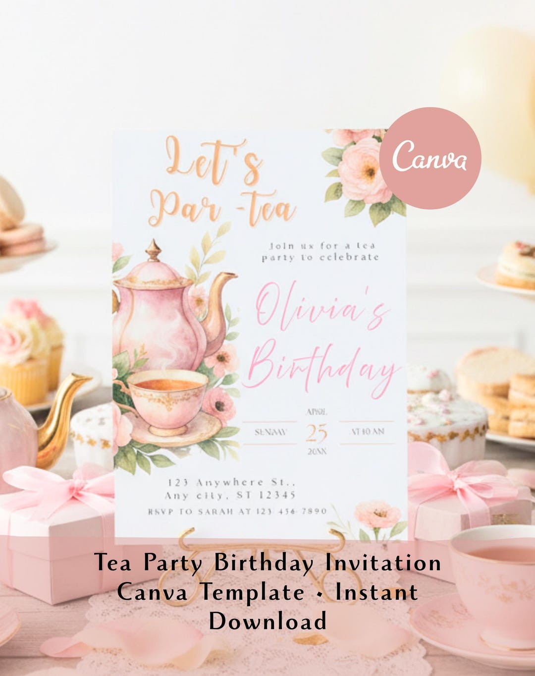 Tea Party Birthday Invitation – Pink Pastel Floral Tea Cups Digital ...