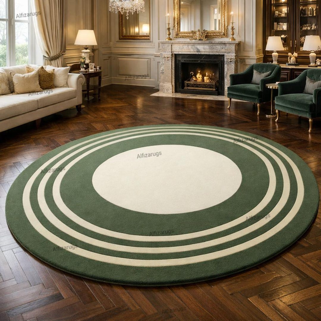 Luxury Round Green & Cream Rug | Modern Concentric Circle Carpet ...