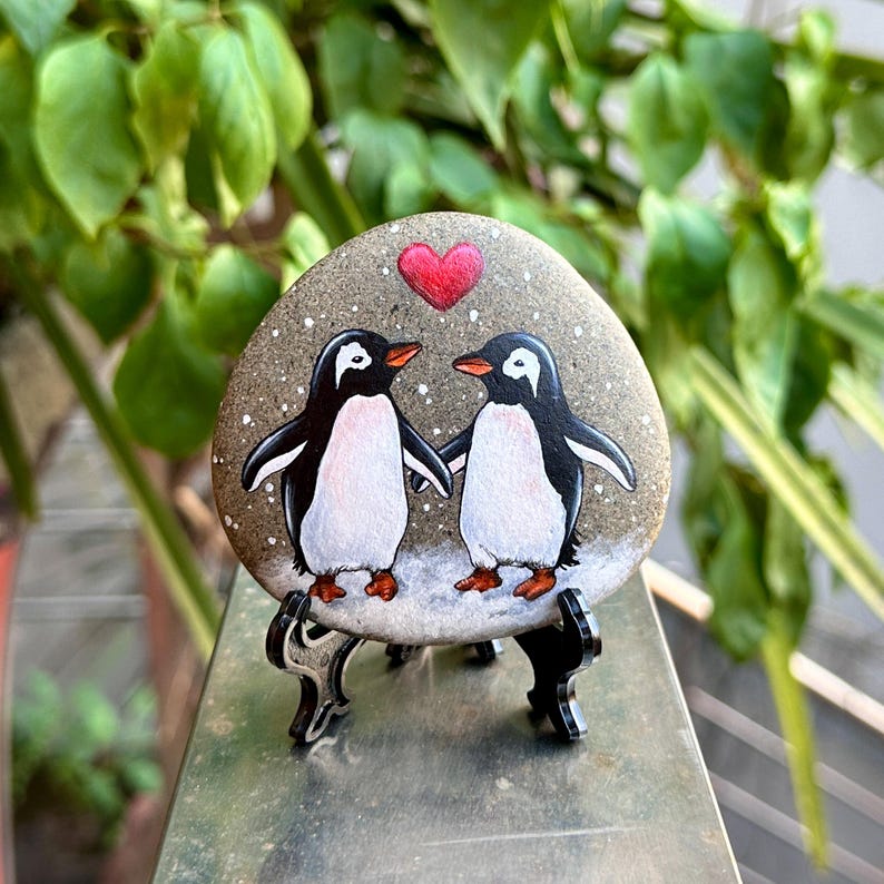 Penguin Pebble Couple Birthday Gift, Hand Painted Love Stone, Cute ...