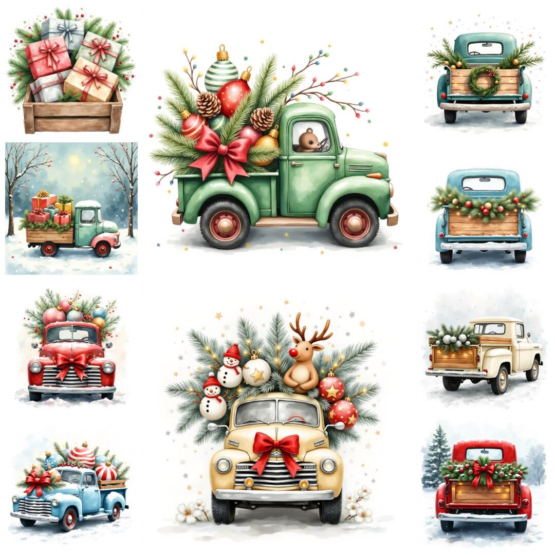 Christmas Trucks Clipart Bundle | 180 PNG | Vintage Christmas Truck ...
