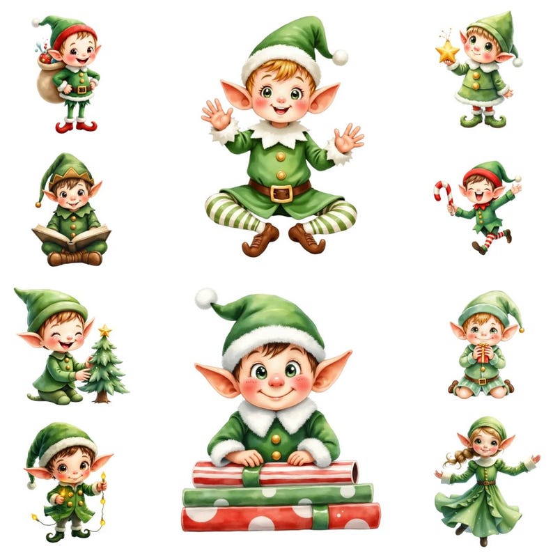 Christmas Helper Elf Clipart Set – 40 Watercolor Elf Illustrations (20 ...