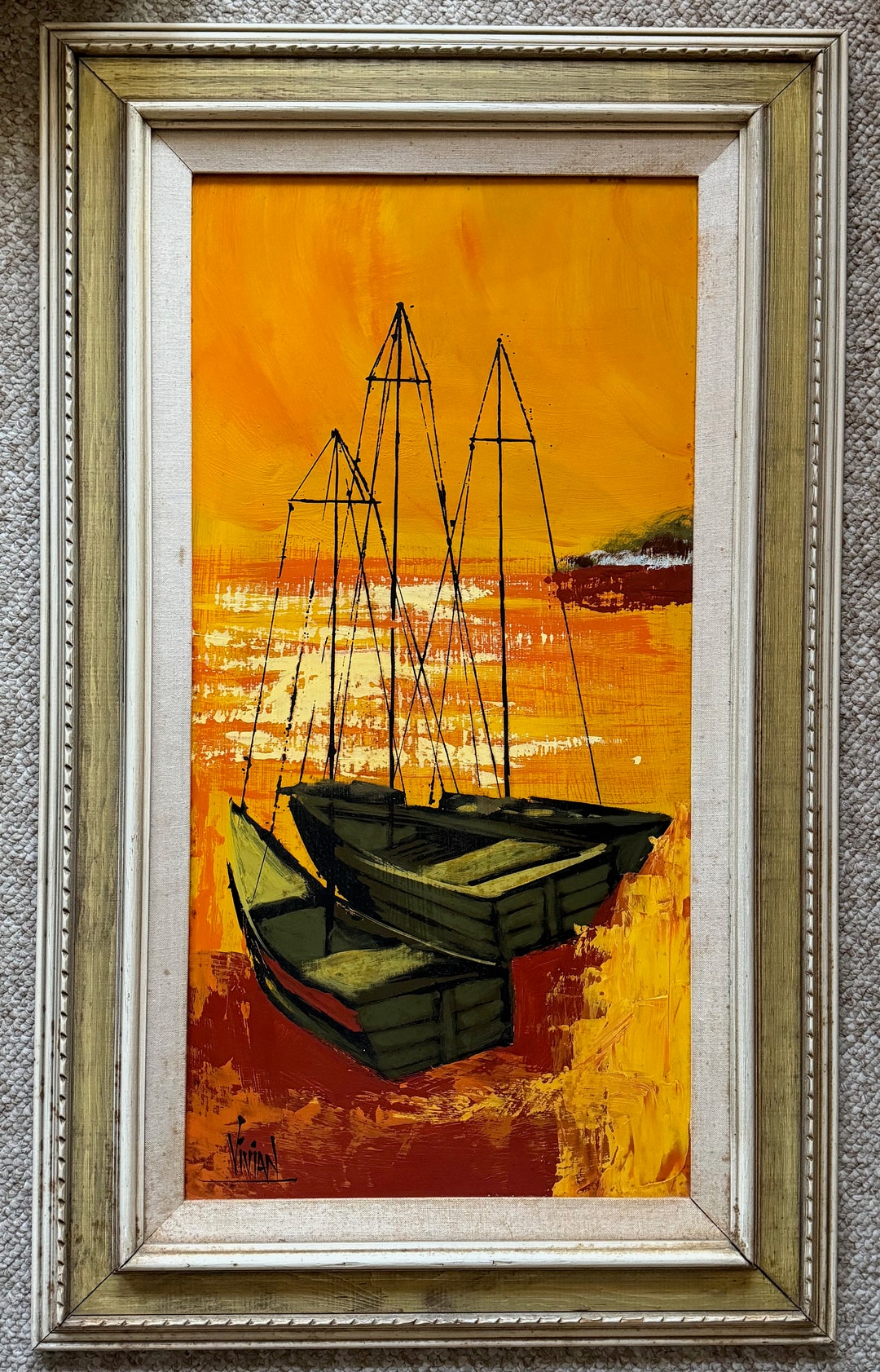 Vintage 70s Nautical Boats Oil Painting Vanguard Modern Art Wall ...