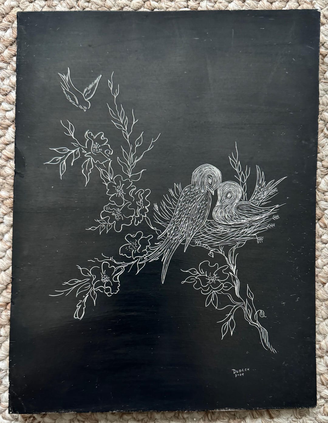 Vintage 60s Nesting Birds Scratch Board Illustration Black White Modern ...