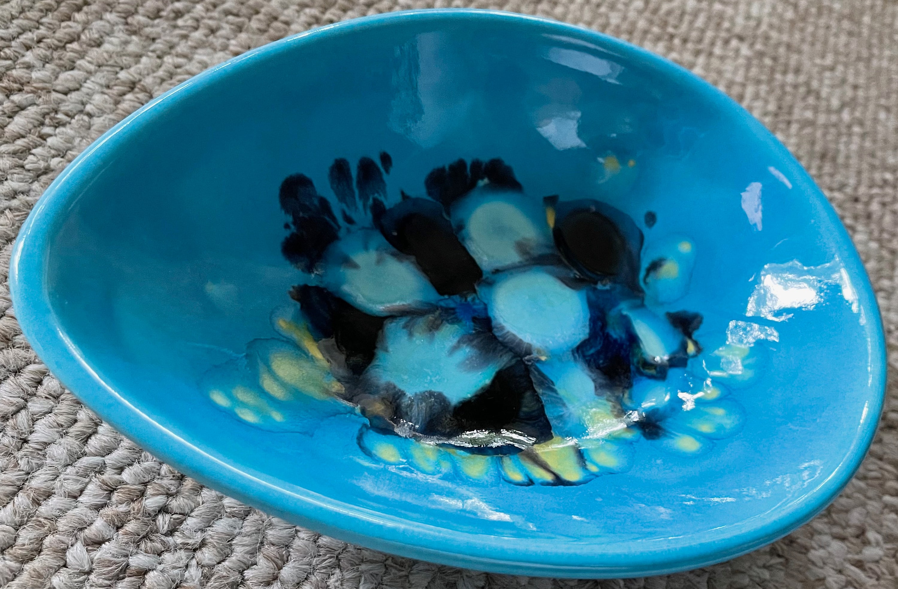 VIntage 1960s 1970s Blue Yellow Teardrop Ceramic Enamel Bowl Dish Mid ...