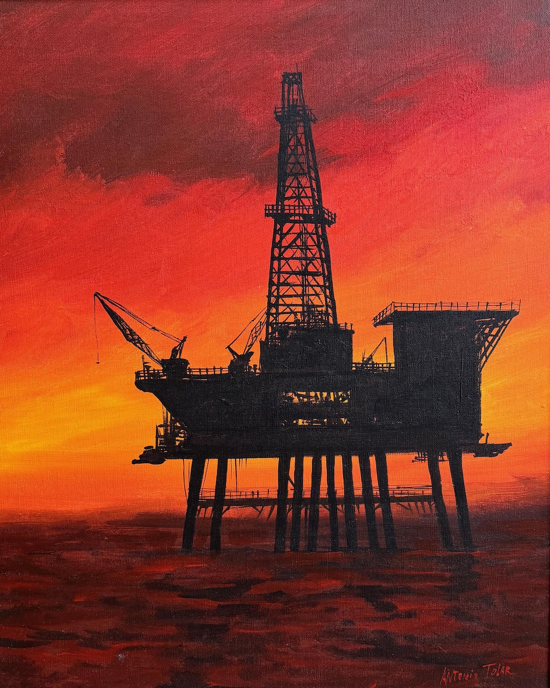 Vintage 1960s Oil Rig Painting Expressionism Mid Century MCM Modern Art ...