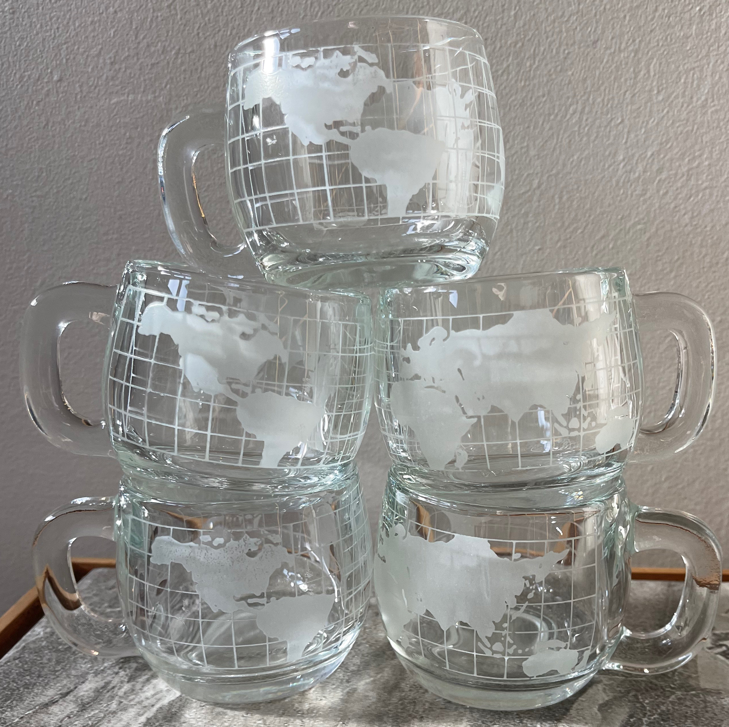 Set 5 Vintage 70s Nestle Glass World Map Globe Handled Glasses Mugs Nescafe