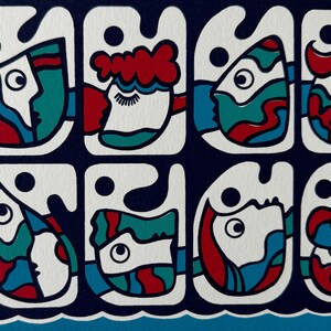 Vintage 1970's Abstract Screen Print Modern Wall Art Fish Birds People ...