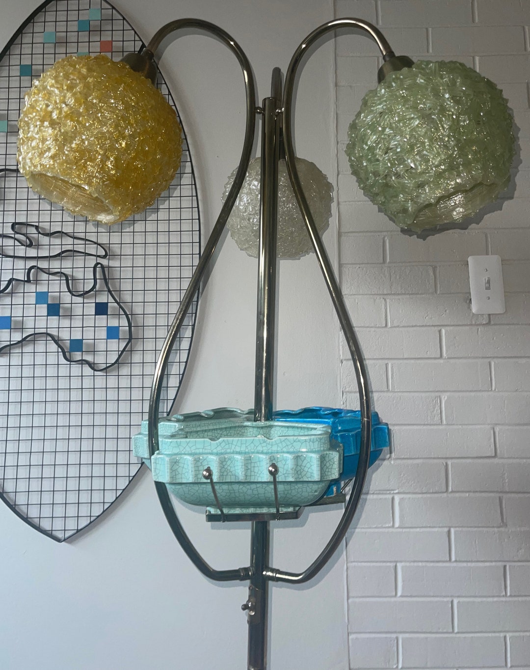 Vintage 60s Spun Acrylic Spaghetti Shade Ceramic Inserts Floor Lamp Mid ...