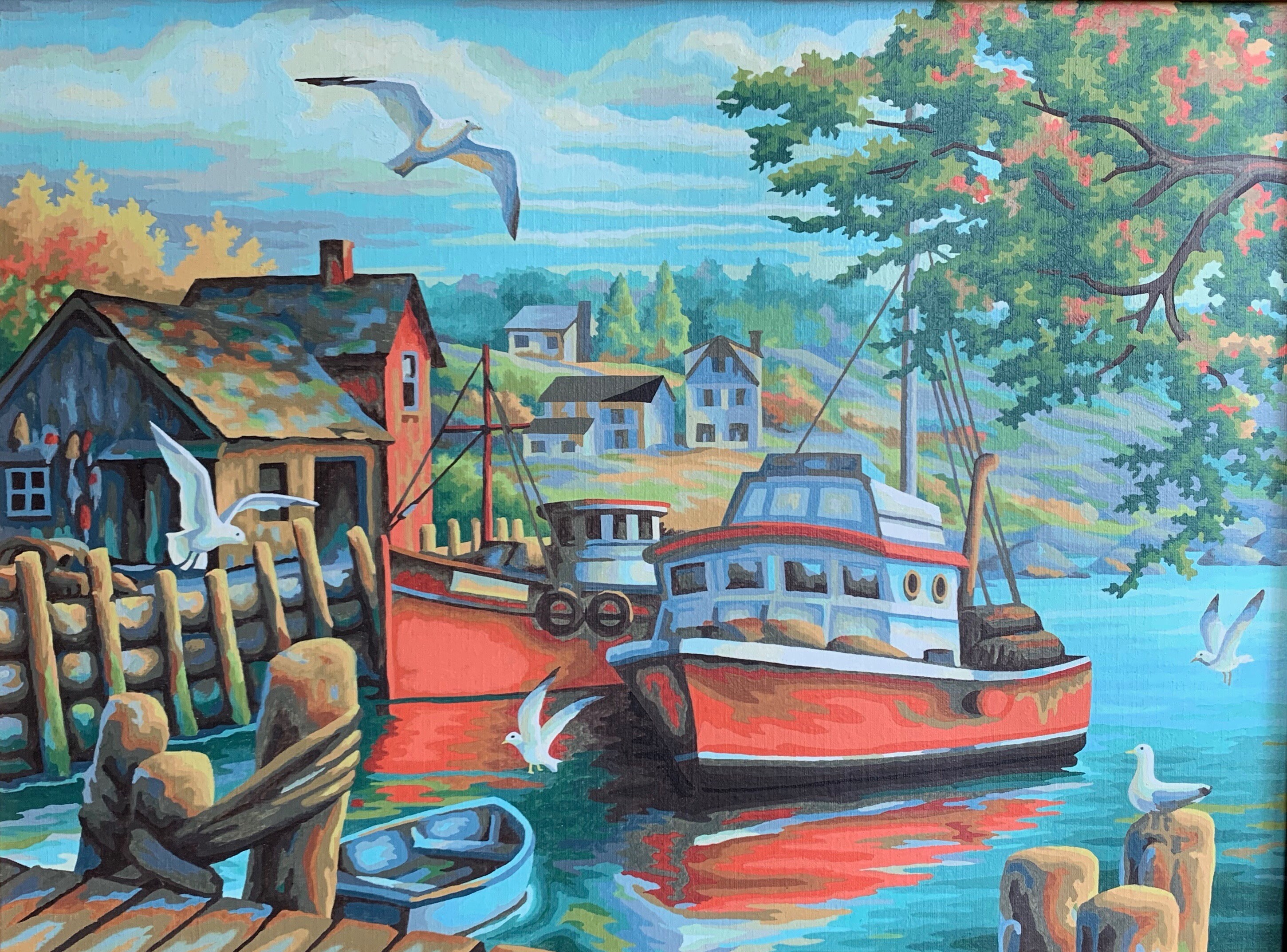 Vintage Boat Harbor Dock Village Paint By Numbers PBN Painting Modern