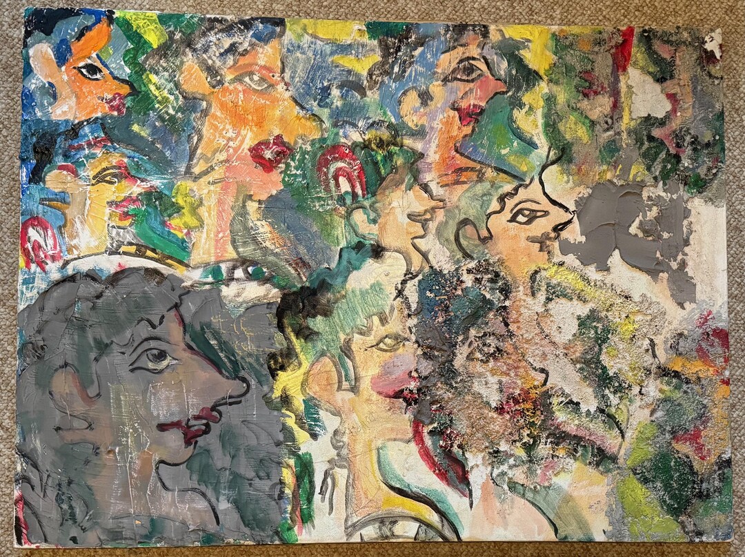 Vintage Textured Abstract Figural Heads Painting Mixed Media Art Signed ...