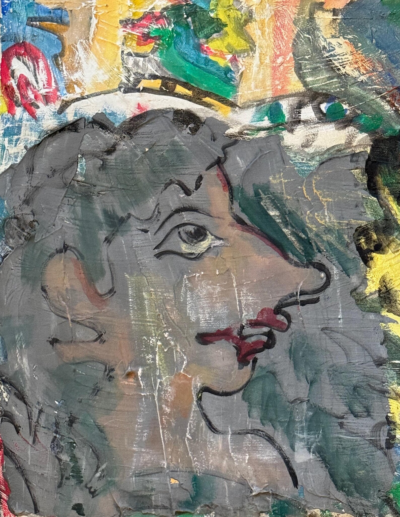 Vintage Textured Abstract Figural Heads Painting Mixed Media Art Signed ...