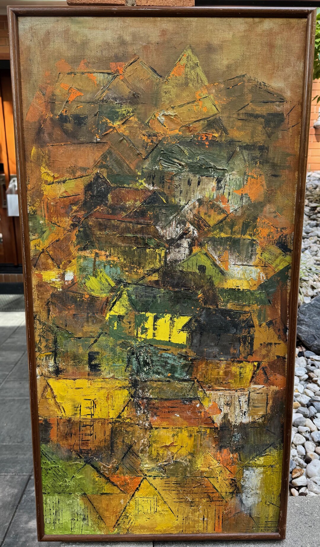 Vintage MCM Abstract Architectural Oil Painting Modern Art Mid Century ...