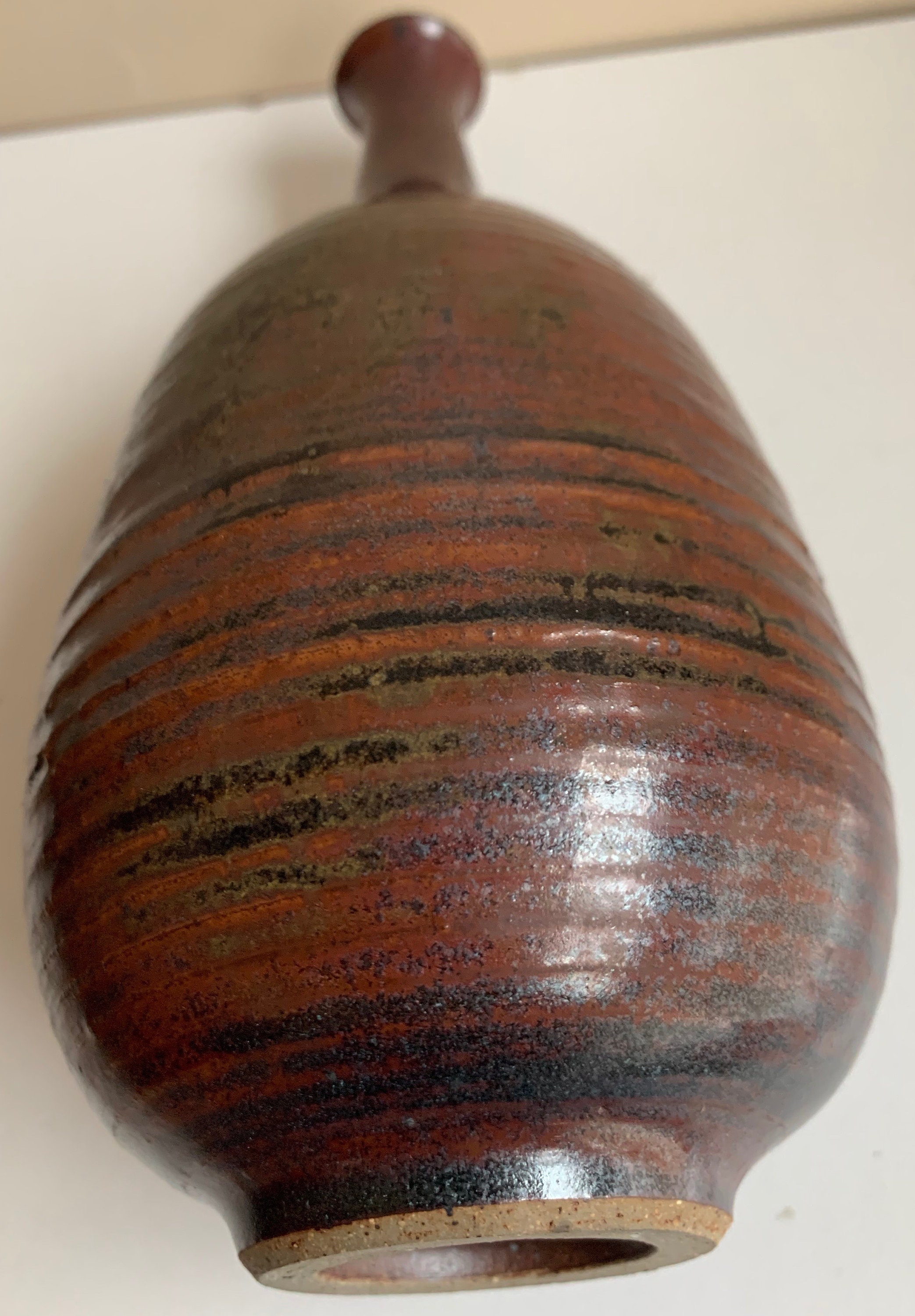 Vintage 60s Brown Black Ribbed Vase Vessel Studio Pottery Mid Century ...