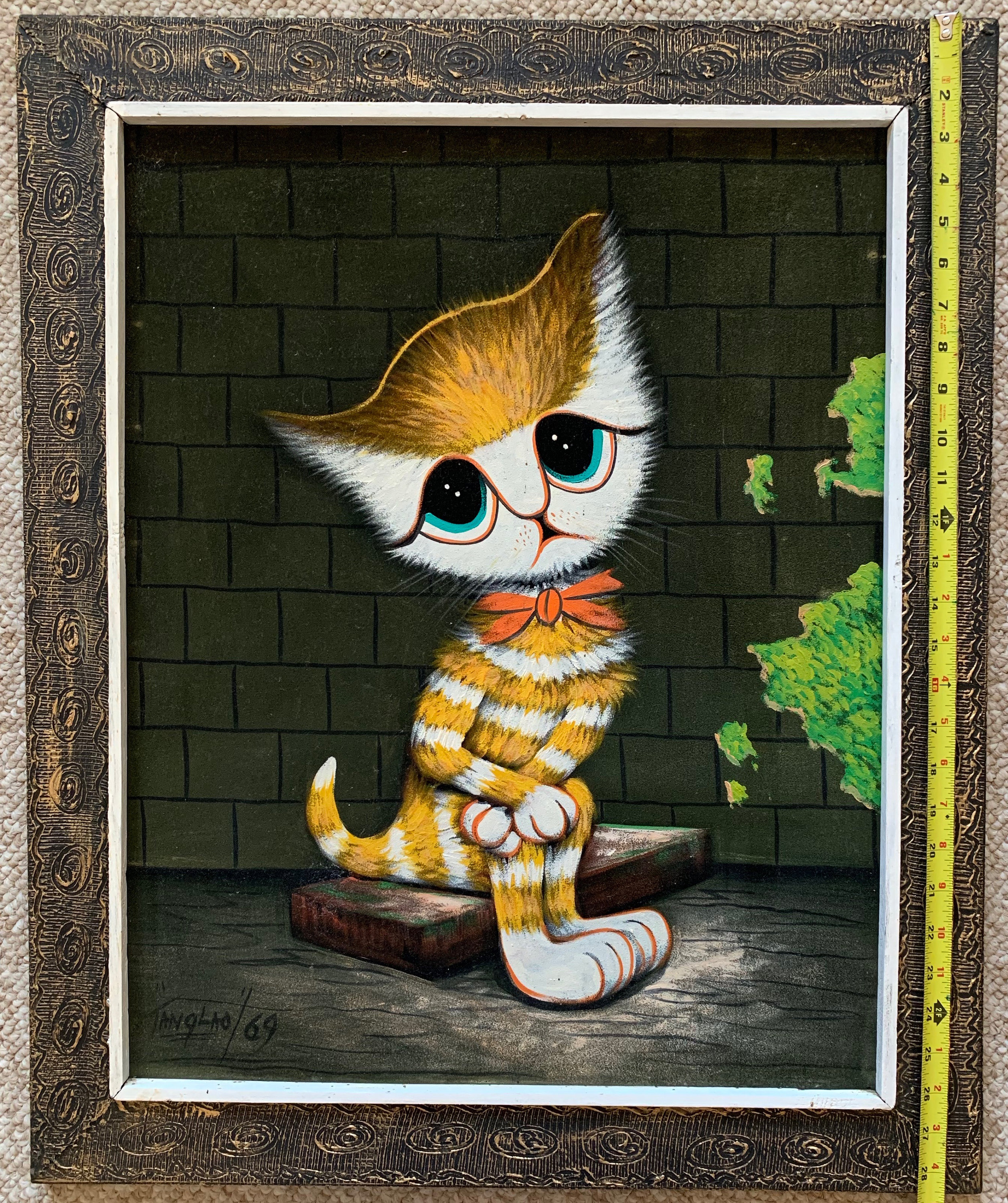 Rare Vintage 60s Tanglao Sad Cat Velvet Painting Mid Century Modern ...