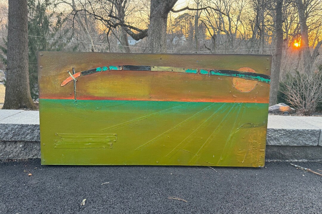 Vintage Abstract Sunset Mixed Media Painting Modern Art MCM Mid Century ...