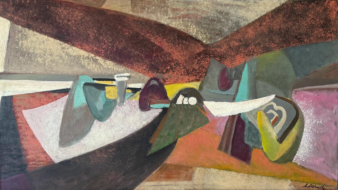Vintage MCM Abstract Shapes Oil Painting Modern Wall Art Schultz Mid ...
