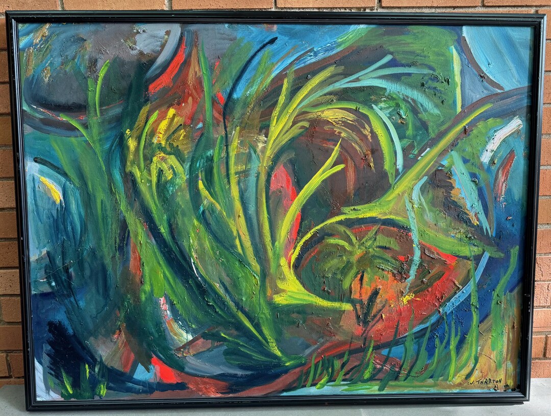 Vintage MCM Multi-color Abstract Oil Painting Framed Signed Thaxton ...