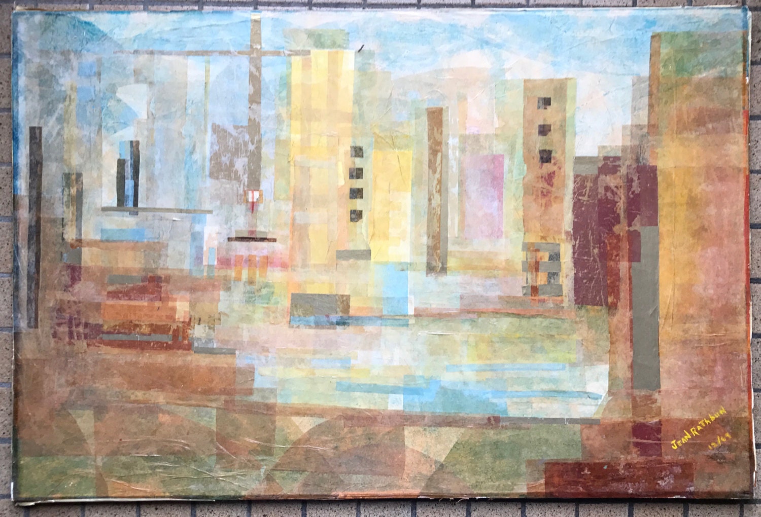 Vintage 60s Abstract Geometric Cubist Cityscape Decoupage Signed Mid ...