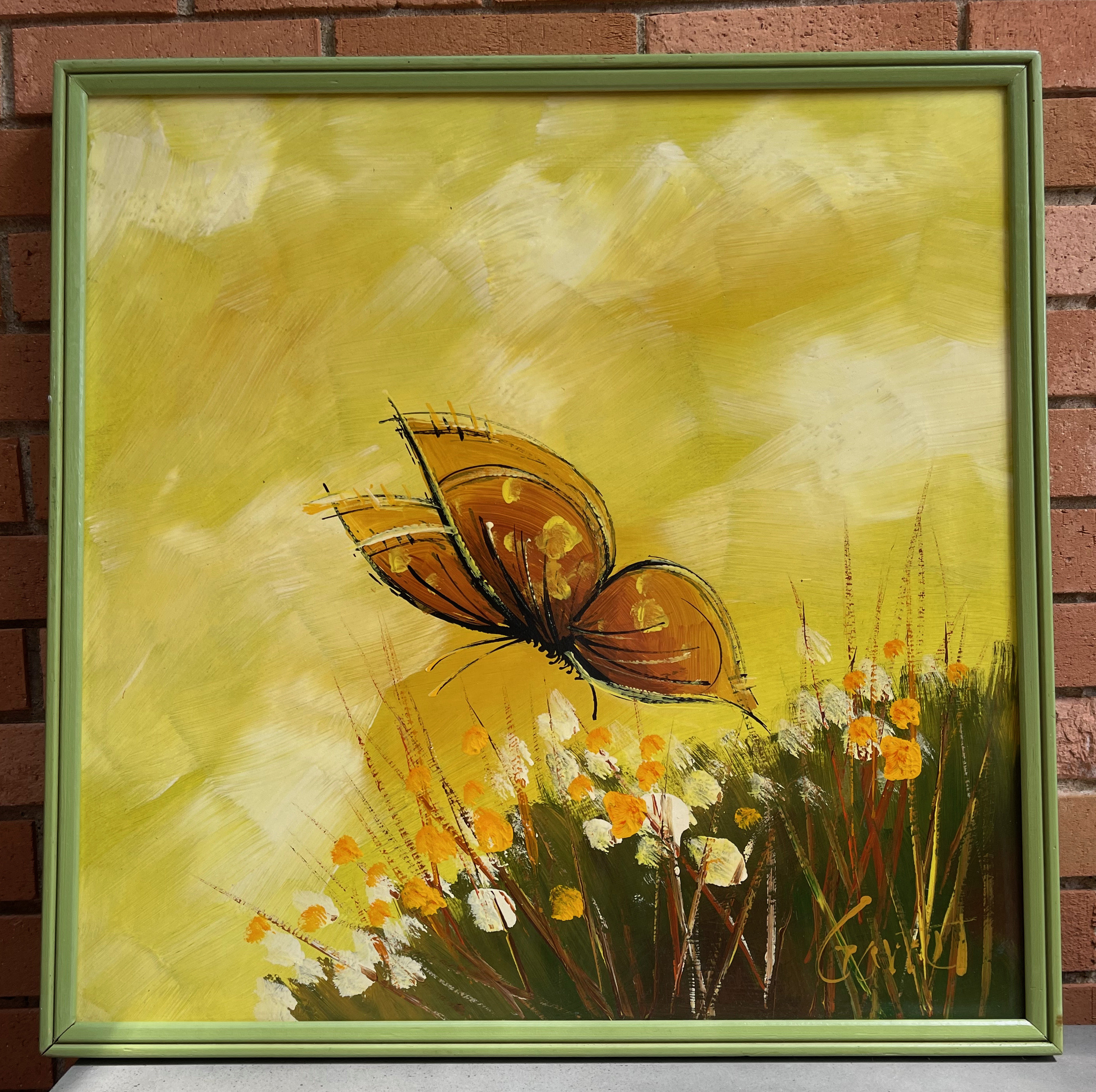 Reserved For Mary- Whimsical Vintage 70s Butterfly Flowers Painting ...