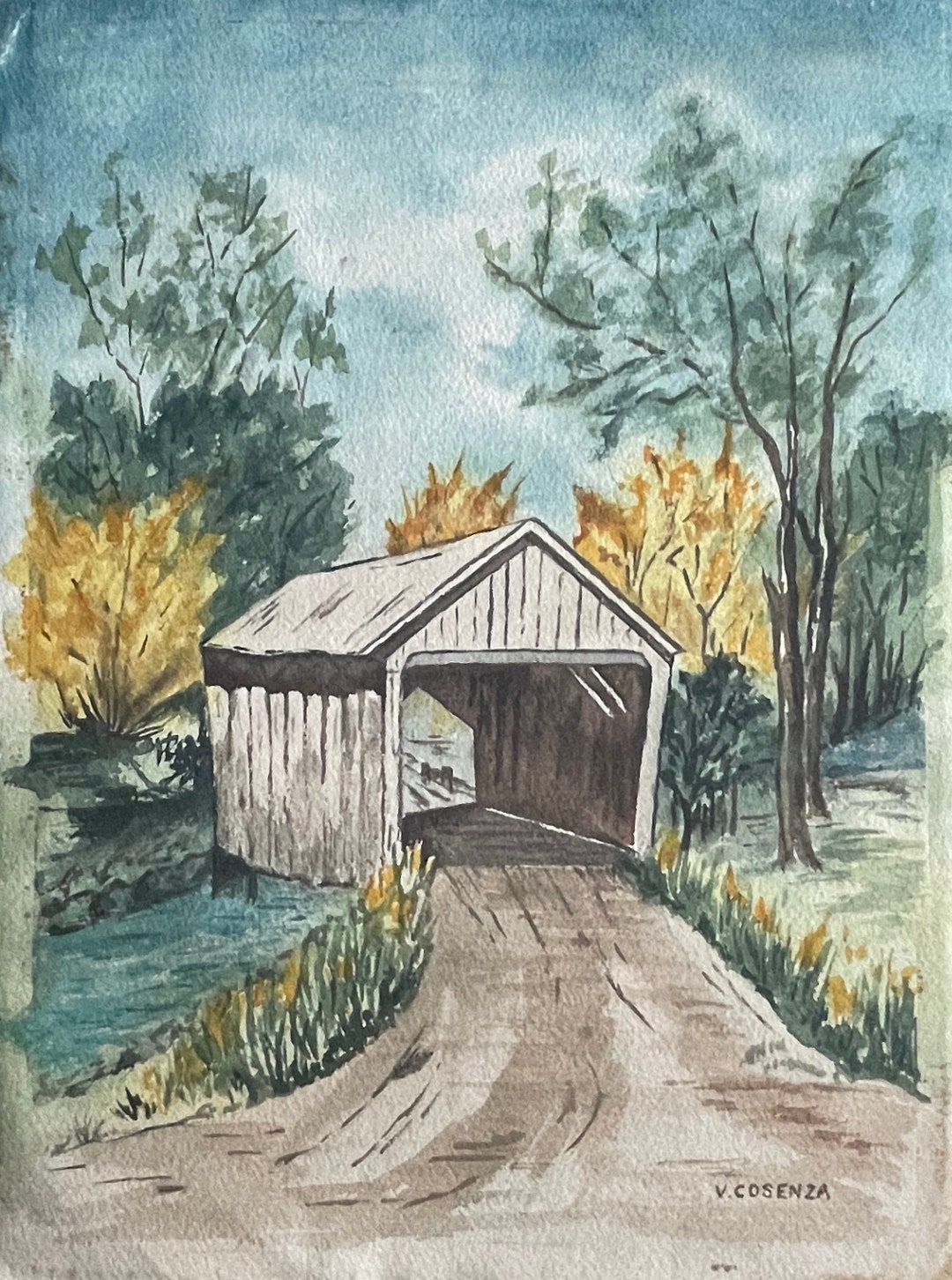 Vintage 70s Landscape Watercolor Painting Modern Art Wall Hanging ...