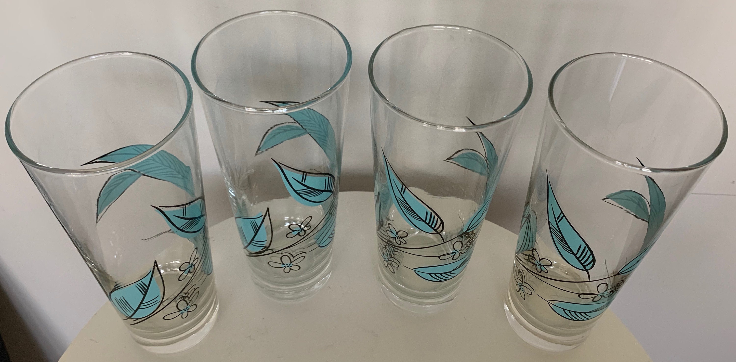 4 Vintage Biscayne Leaf Salem China Drinking Glass Turquoise Mid ...