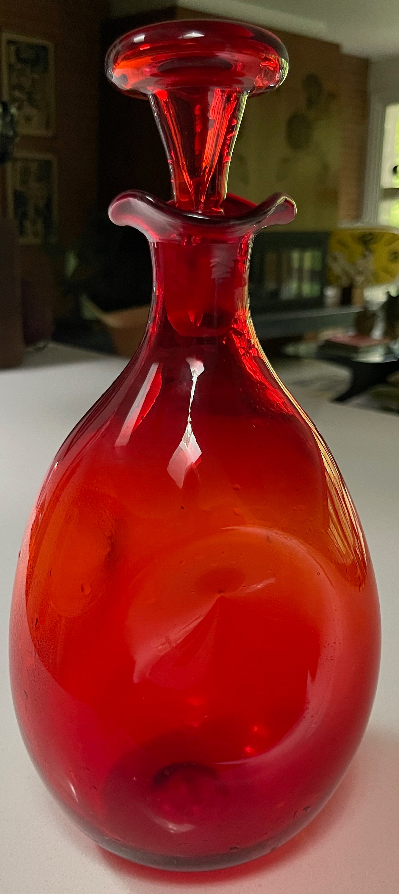 Vintage Blenko Ruby Red Glass Pinched Decanter Stopper Mid Century ...