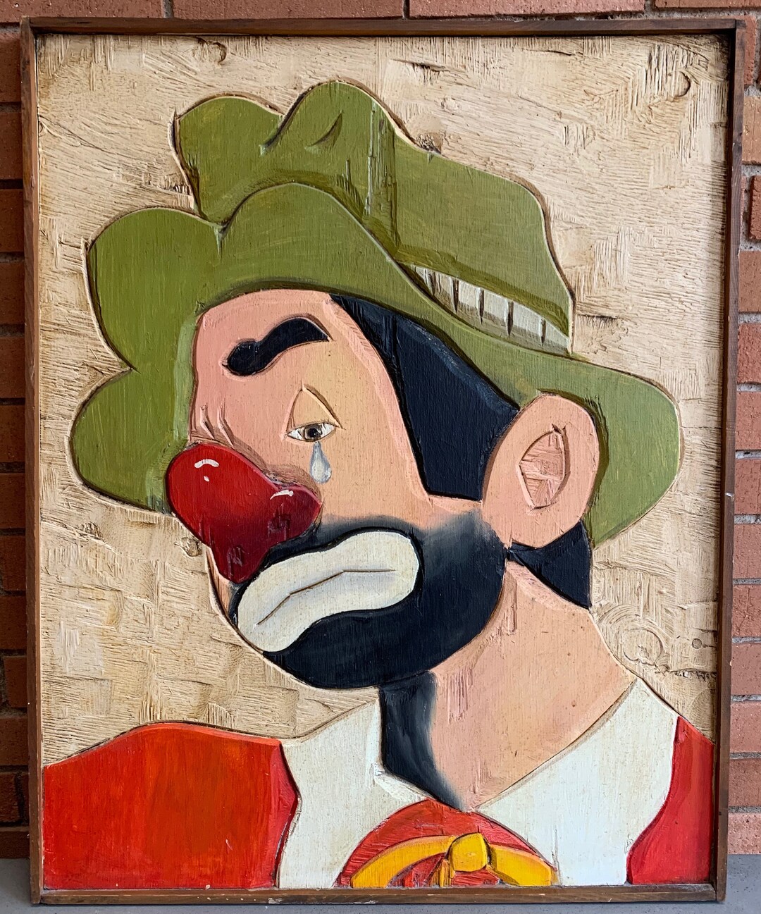 Vintage 80s Hand Carved Wood Sad Circus Clown Painting Modern Art Wall ...