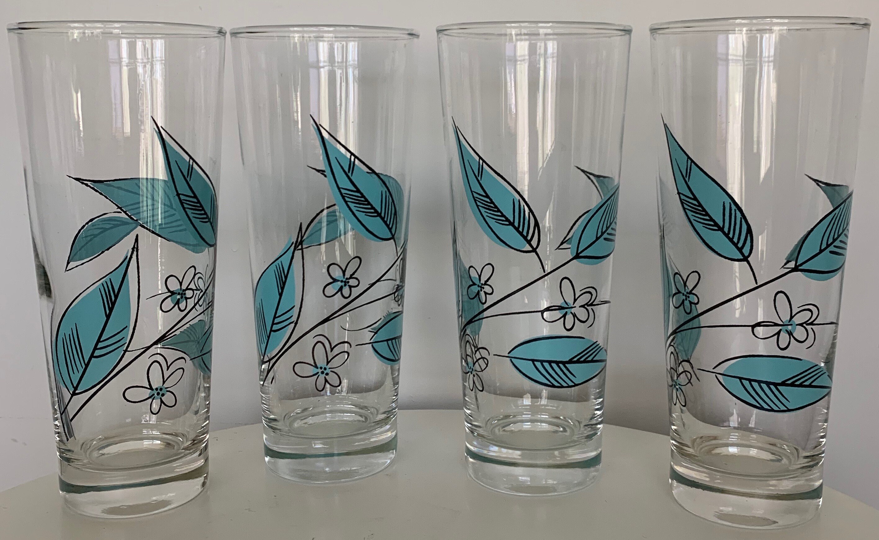 4 Vintage Biscayne Leaf Salem China Drinking Glass Turquoise Mid ...