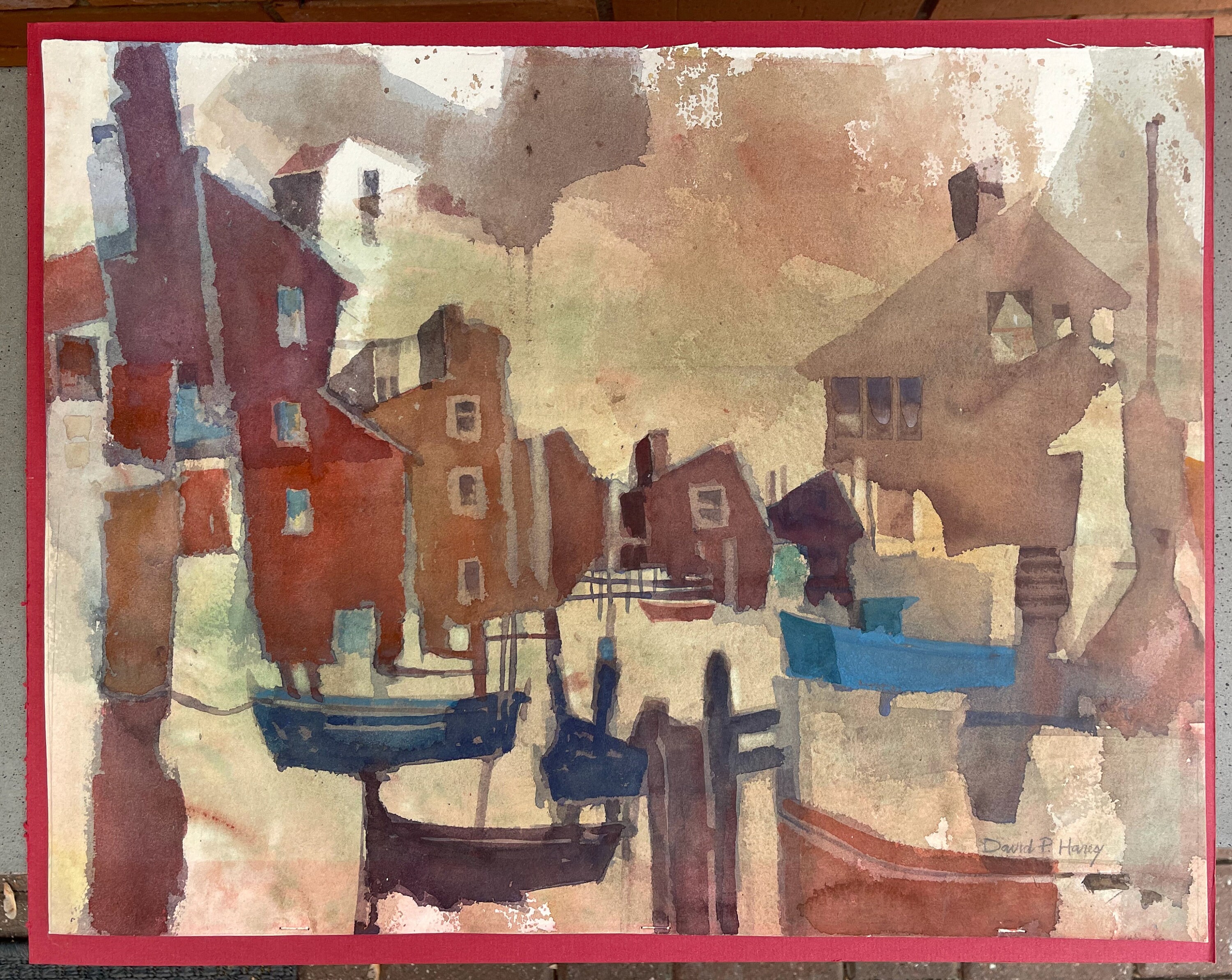 Vintage Abstract Landscape Harbor Nautical Watercolor Painting Modern ...