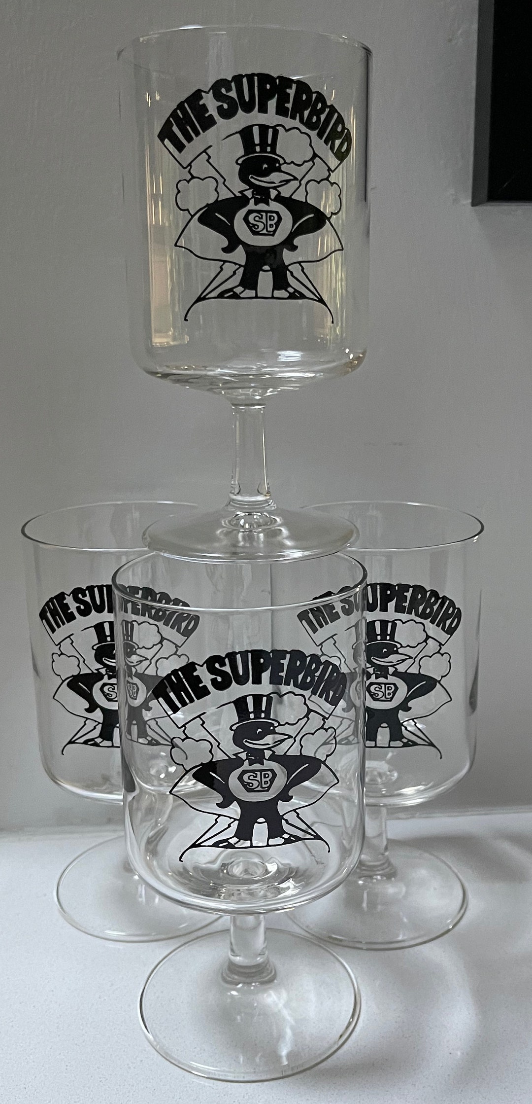 Set 4 Vintage 70s "the Superbird" Bird Crow Stem Drinking Glasses Black ...