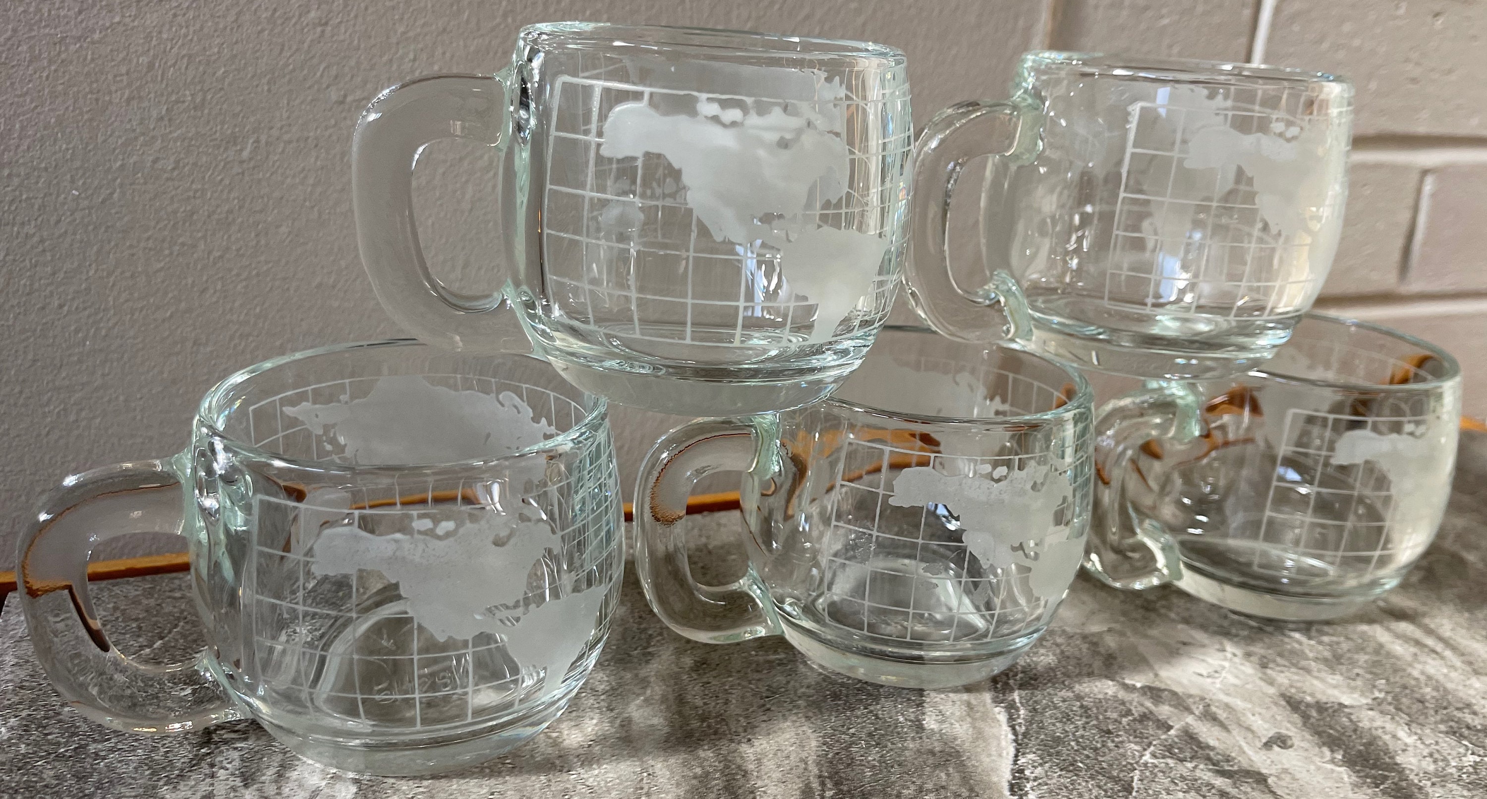 Set 5 Vintage 70s Nestle Glass World Map Globe Handled Glasses Mugs Nescafe