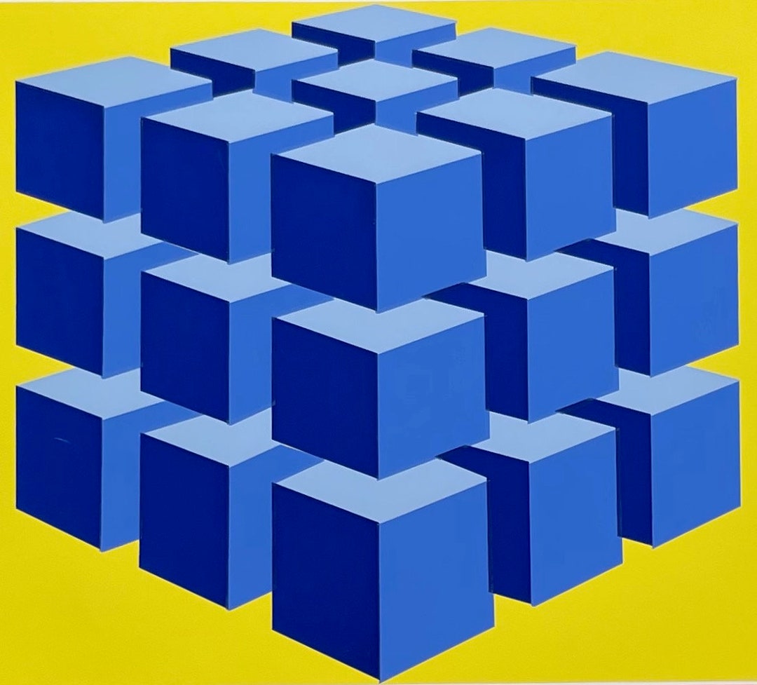 Vintage Geometric Cube Op Art Screen Print Modern Art Wall Hanging ...