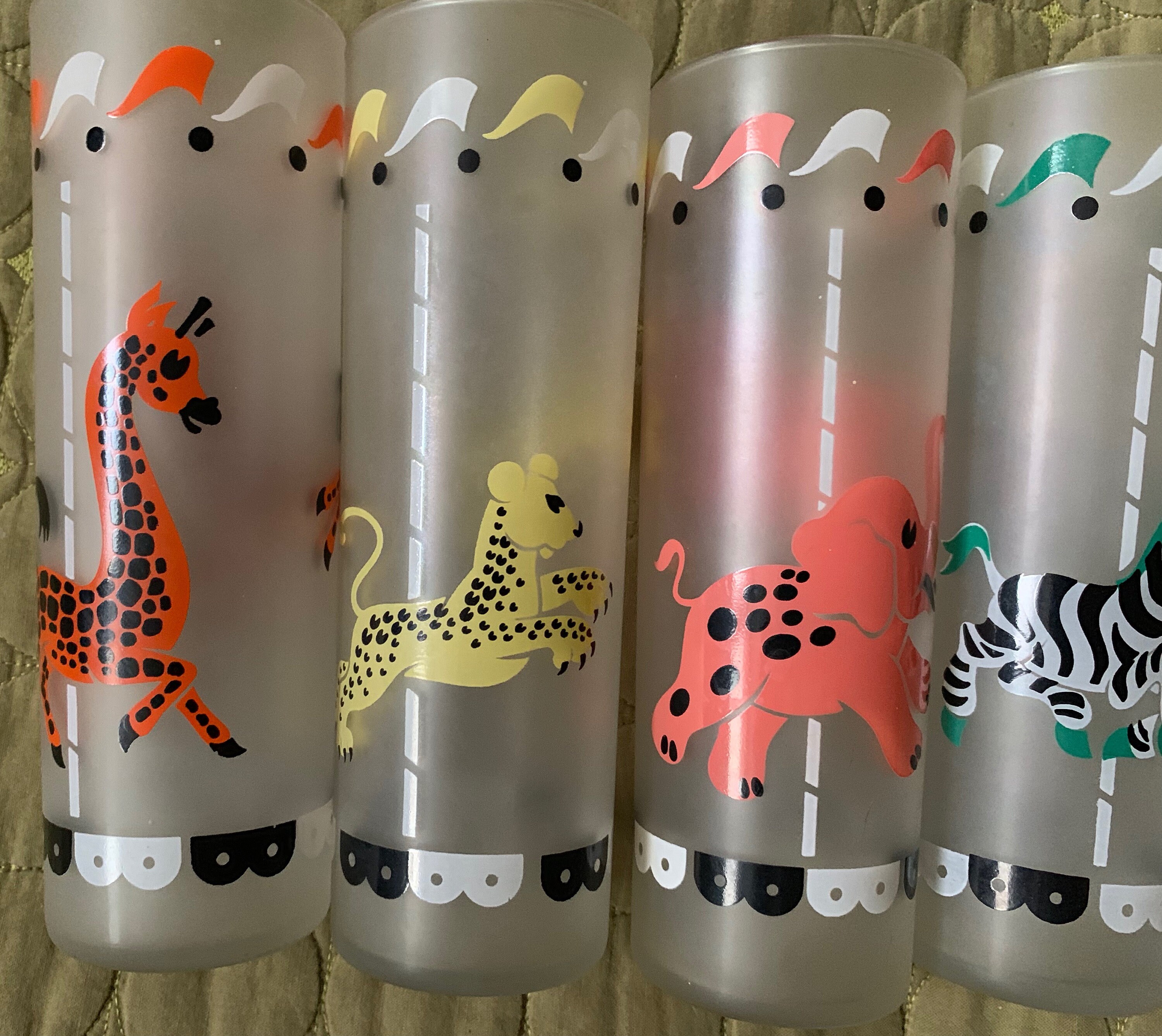 Fun Set 8 Vintage Frosted Carousel Merry Go Round Animals Glasses Mid ...