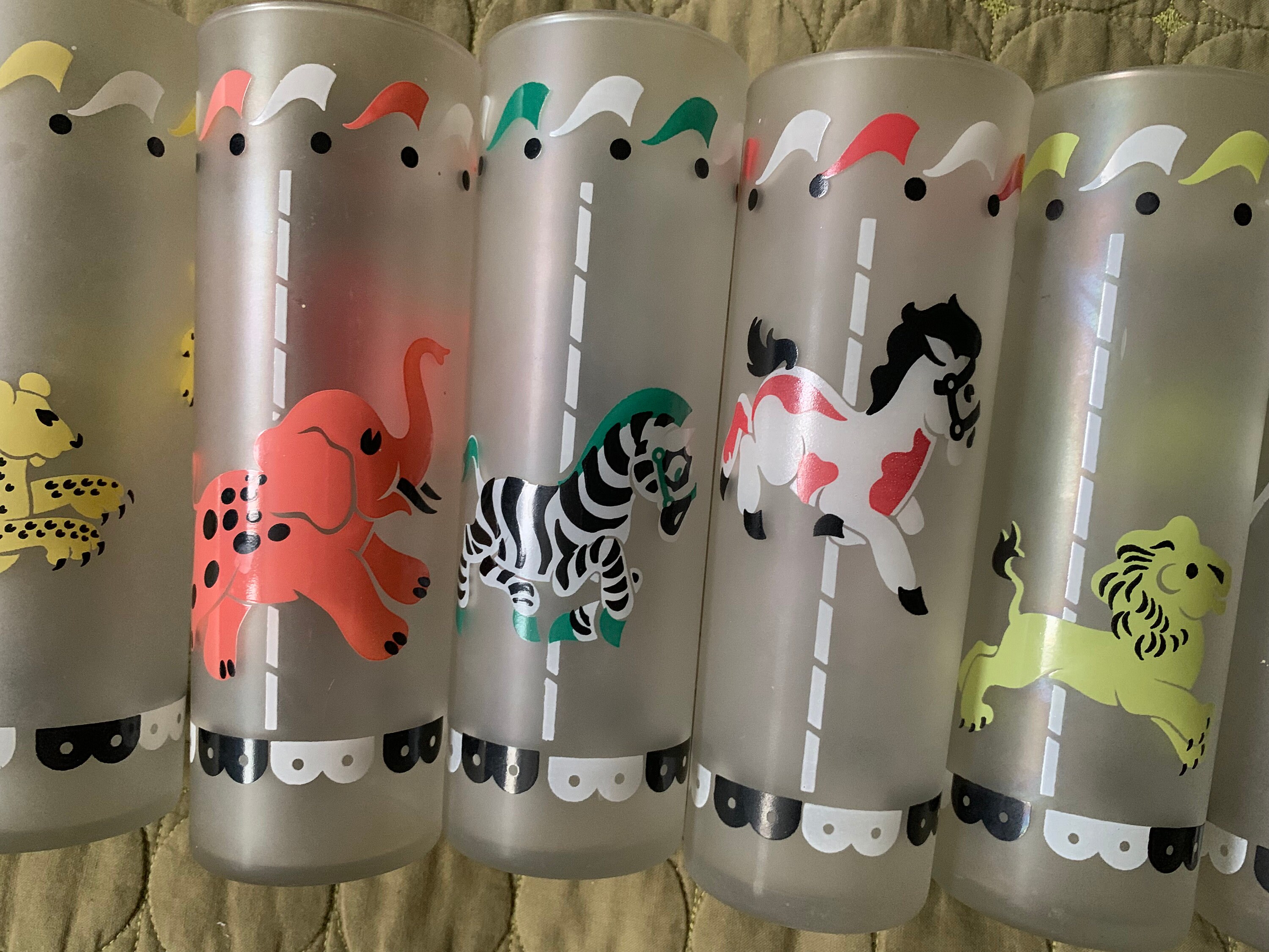 Fun Set 8 Vintage Frosted Carousel Merry Go Round Animals Glasses Mid ...