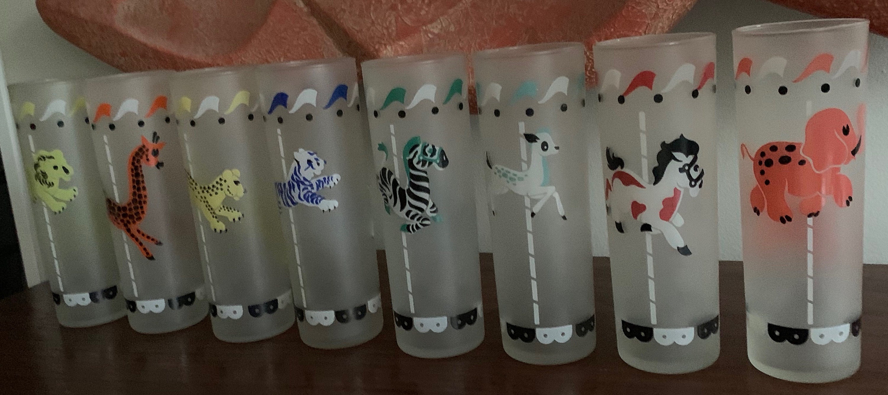 Fun Set 8 Vintage Frosted Carousel Merry Go Round Animals Glasses Mid ...