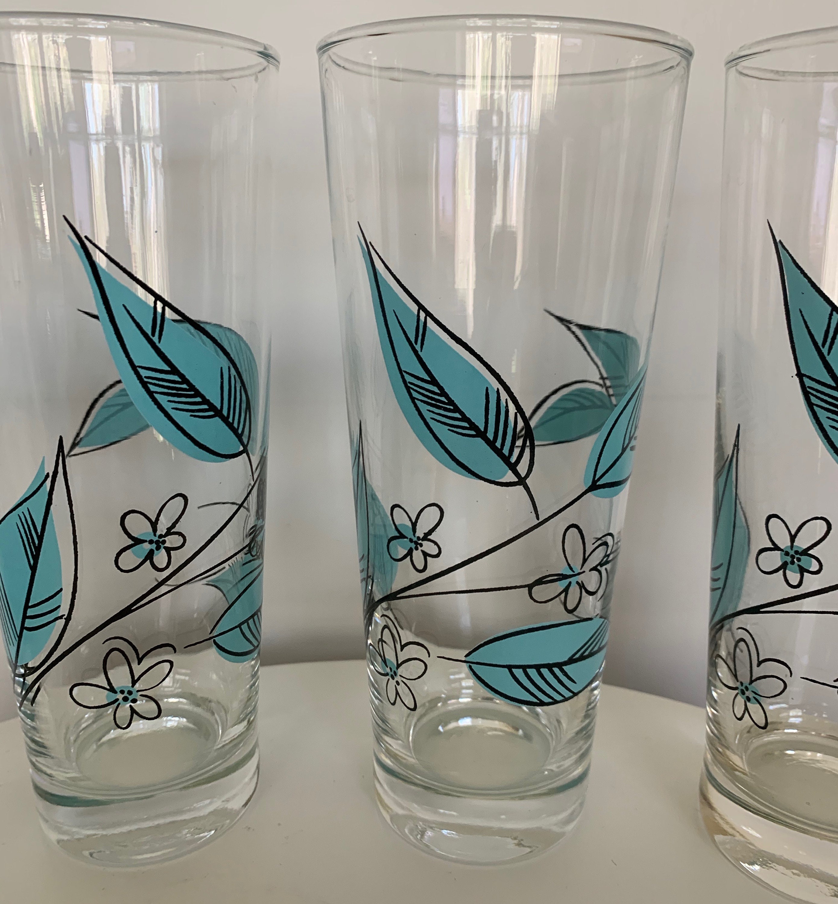 4 Vintage Biscayne Leaf Salem China Drinking Glass Turquoise Mid ...