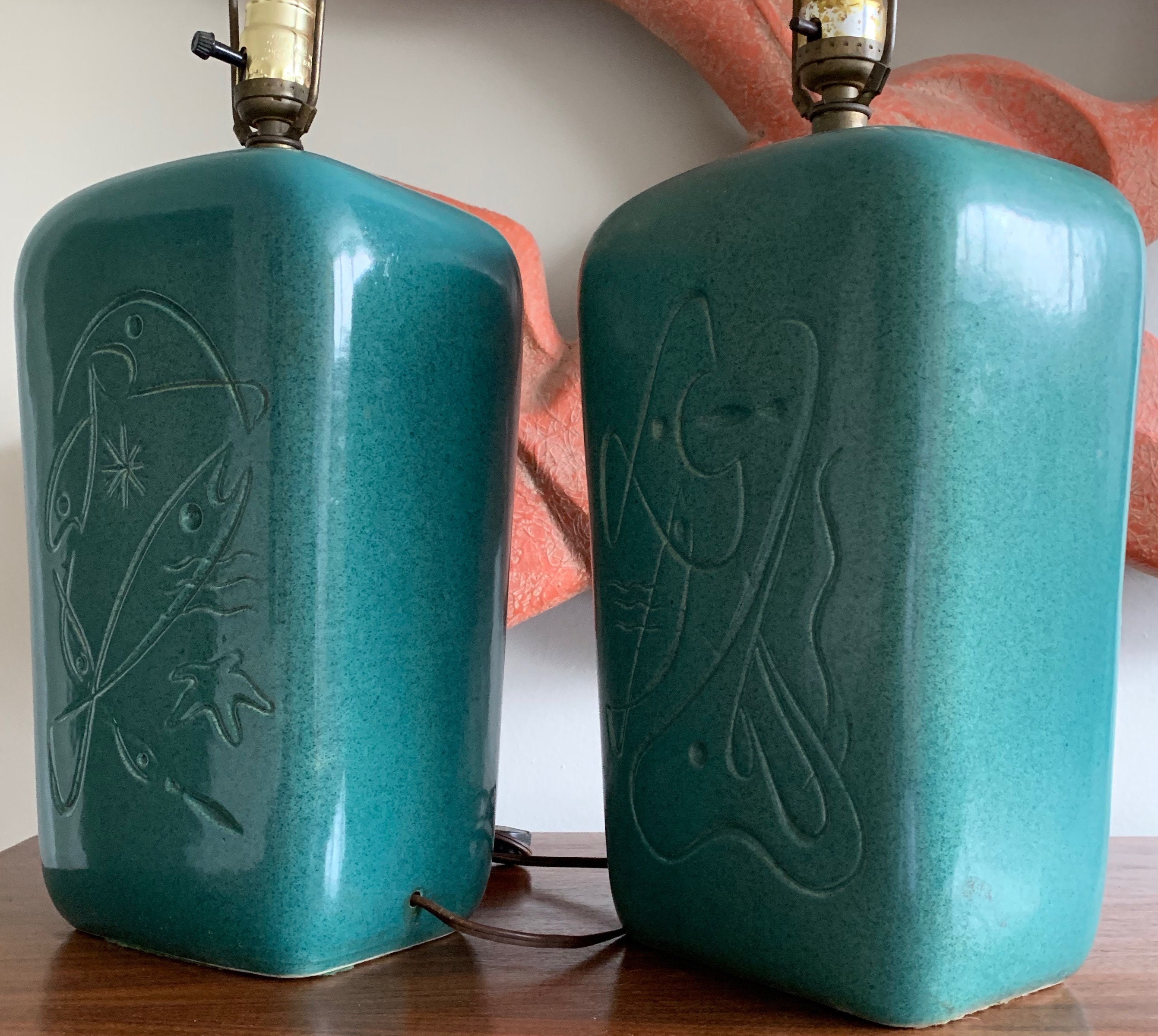 Pair Vintage 50s Atomic Fish Sealife Ceramic Lamps Mid Century Modern ...