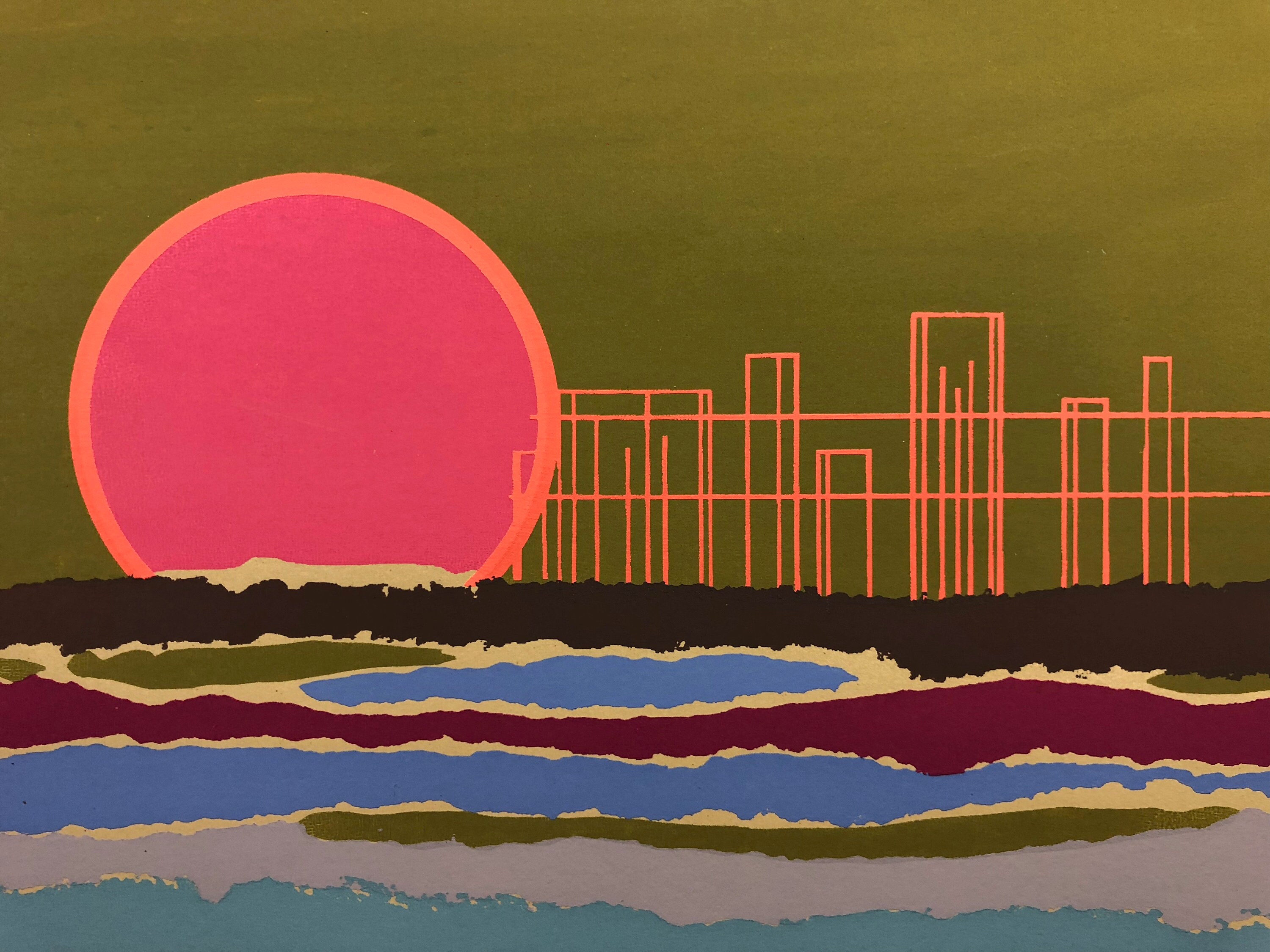 RESERVED FOR JUSTIN Colorful Vintage 70s Abstract Sunset Cityscape ...