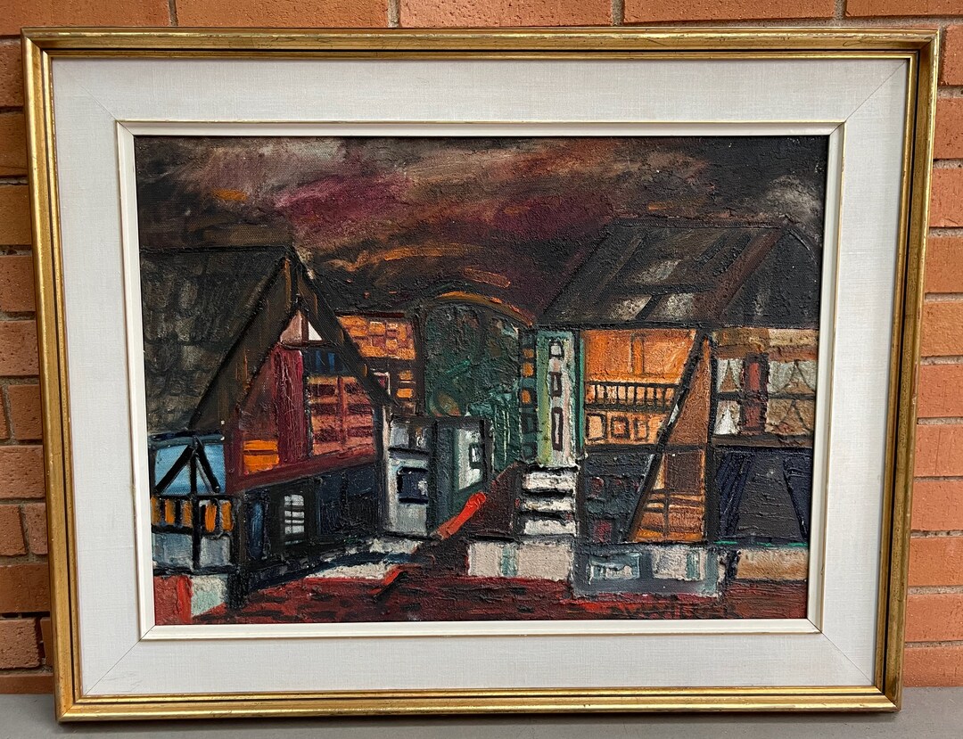 Vintage 60s Abstract Architectural Oil Painting Mid Century Modern ...