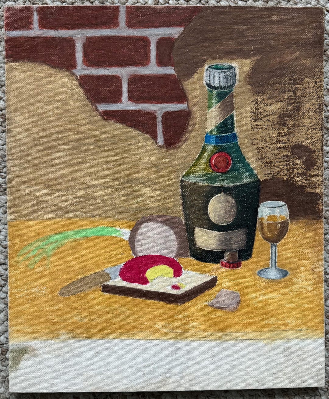 Vintage 70s Still Life Oil Painting Bottle Food Modern Art Wall Hanging ...