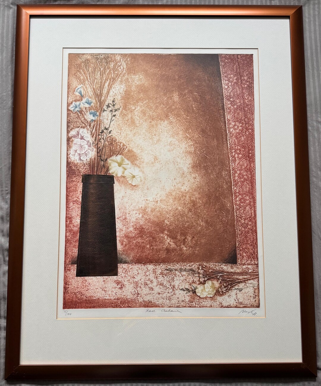 Vintage 80s Etching Still Life Print Framed Signed Matted "red Curtain ...