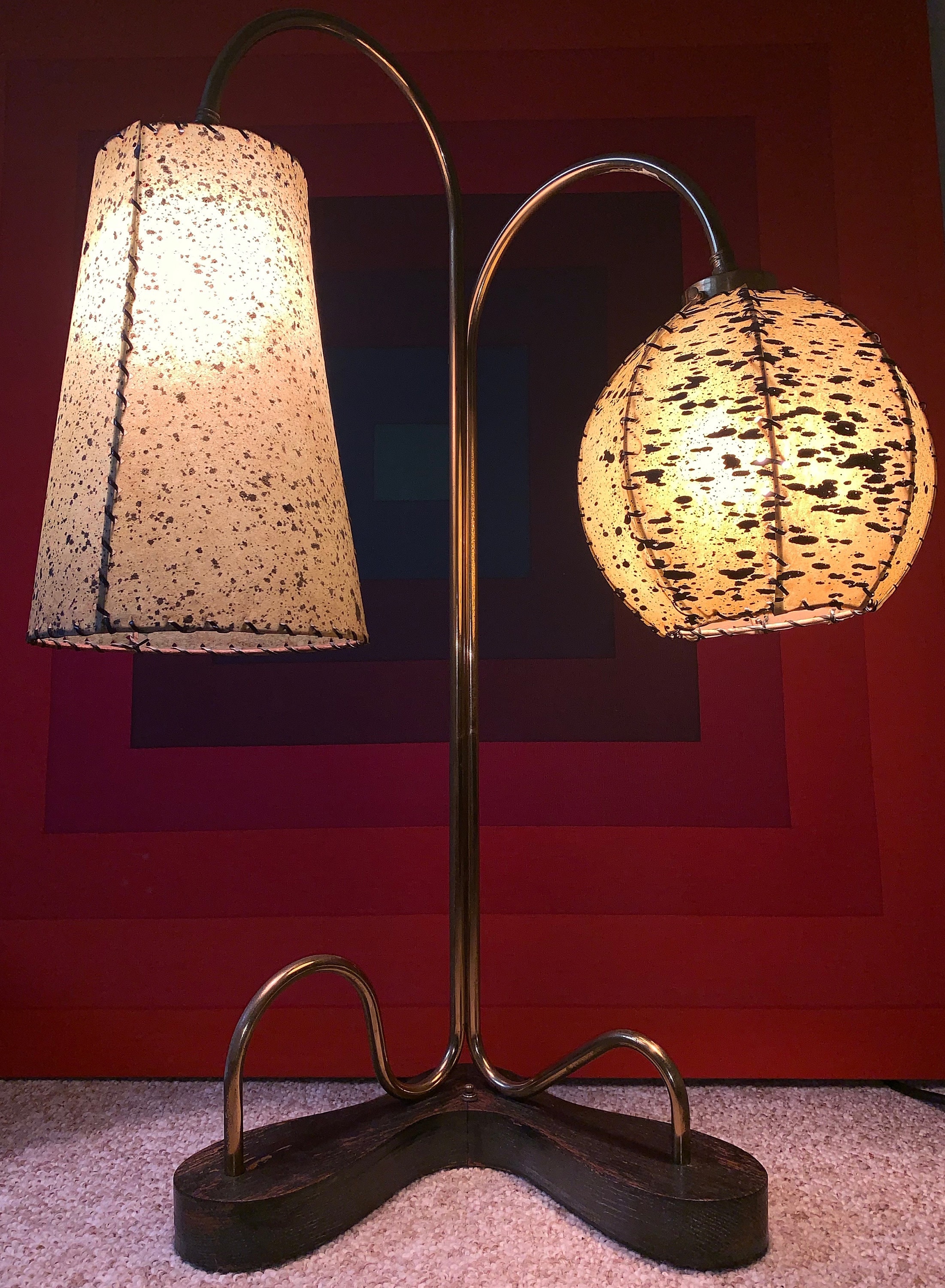 Reserved For August Rare Unusual Vintage 1950s Lamp Fiberglass Shades Brass Wood Mid Century