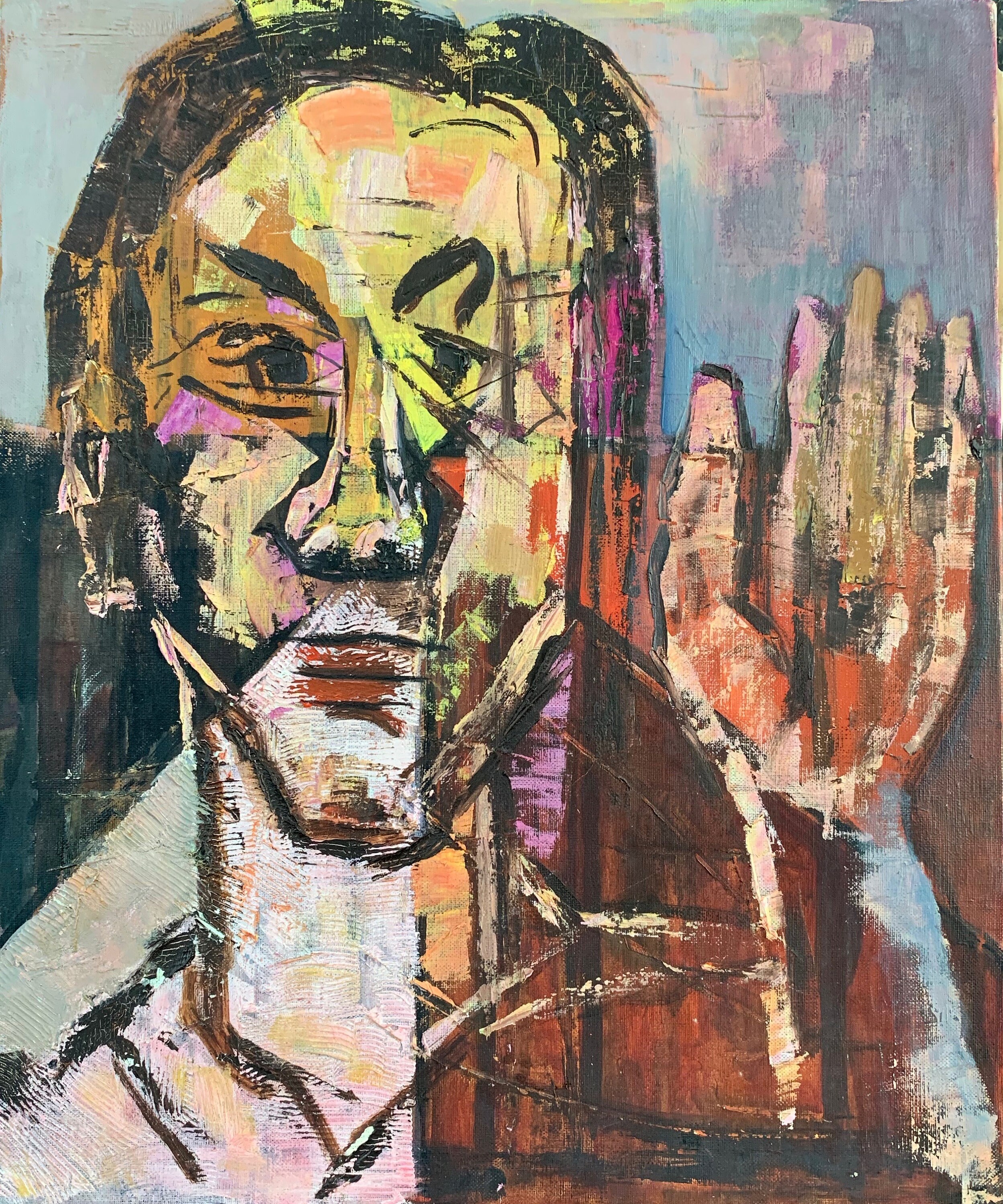 Colorful Textured Vintage 1970s Abstract Portrait Painting Wall Hanging