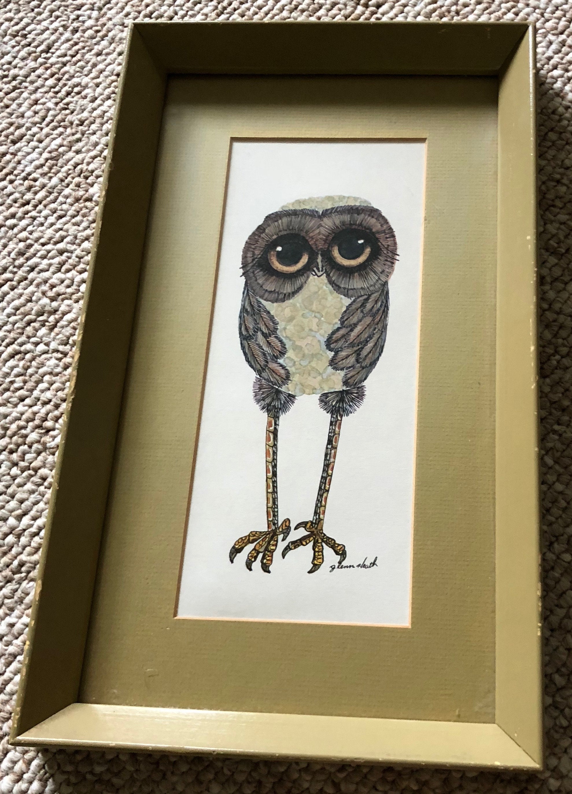 Vintage 70s Glenn Heath Owl Litho Print Wall Hanging Mid Century Modern ...