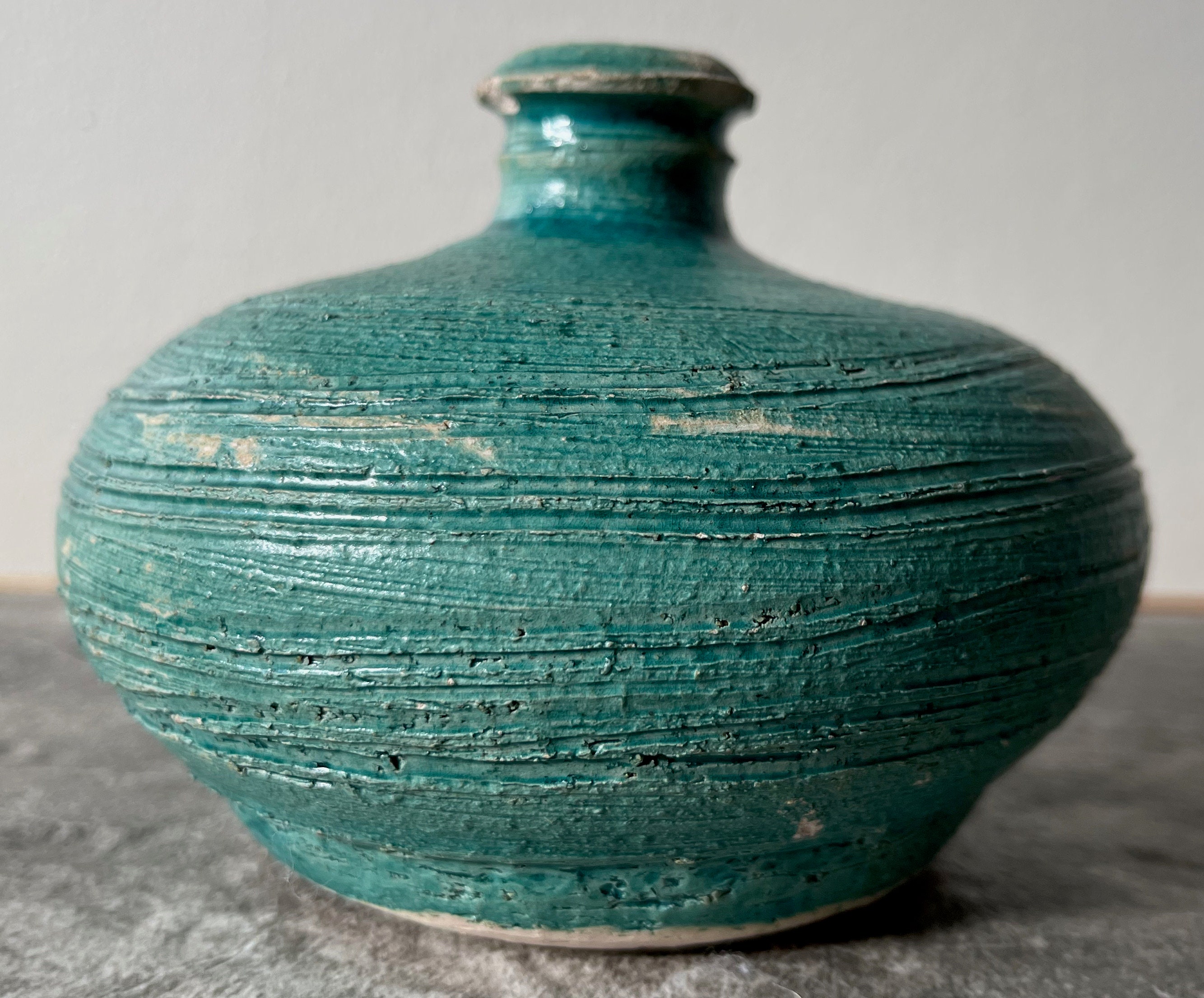 Small Vintage 80s Bulbous Teal Studio Pottery Ceramic Stoneware Vase ...