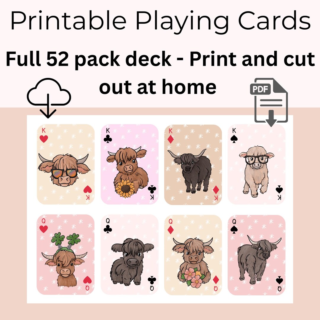 Cute Highland Cow Playing Cards Printable | Kids Card Game | Instant ...
